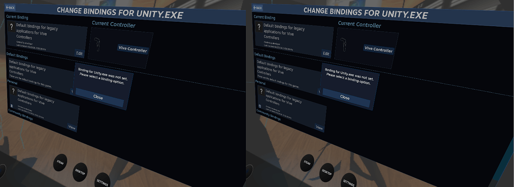 SteamVR Update - No Controllers in Unity games - Error: "Bindings for unity.exe was not set ...