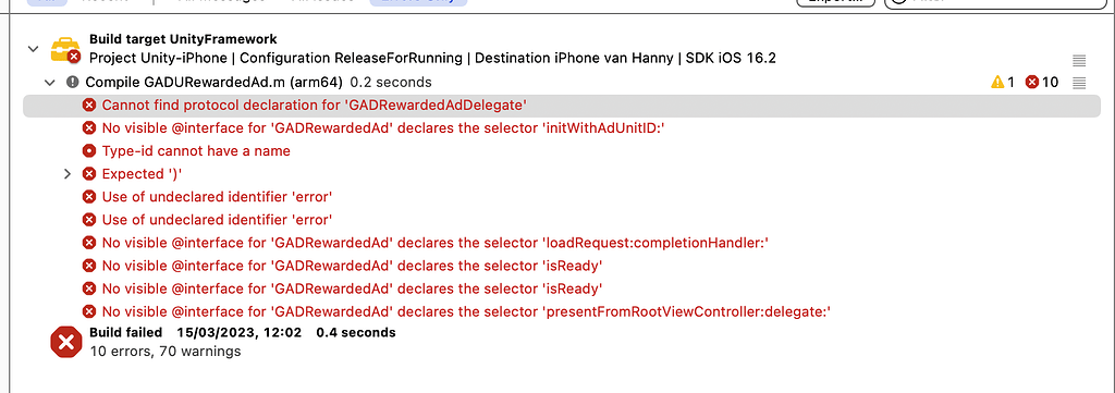 Cannot Find Protocol Declaration For Gadrewardedaddelegate Unity