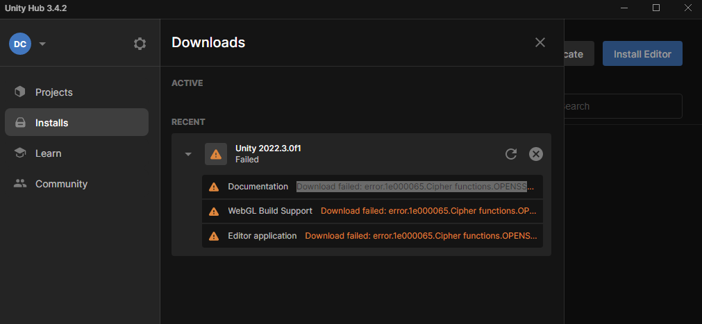 Unity Hub 3.3.0 Download failed: error.1e000065.Cipher - Unity Engine - Unity Discussions