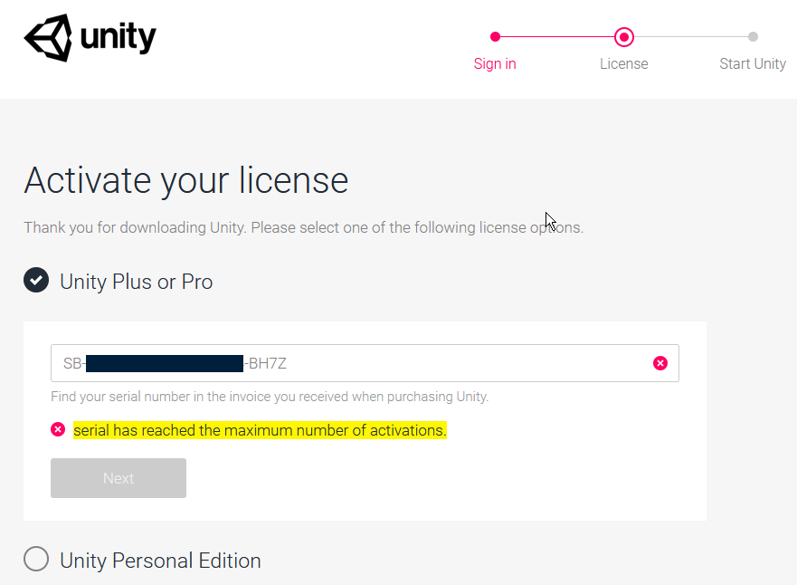 Unity Plus License Problem - serial has reached the maximum number of activations. - Unity ...
