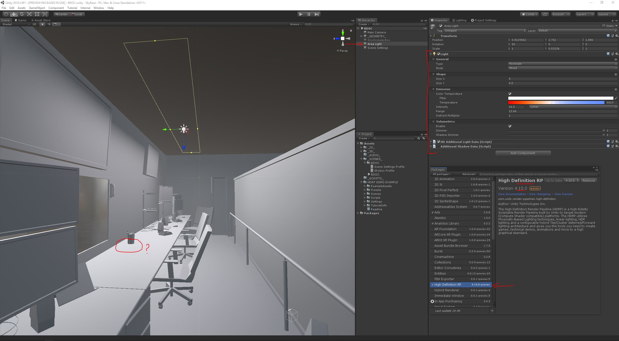 Unity 2018 3 8f1 Hdrp Area Light Shadows Feature Not Showing For Area And Tube Lights