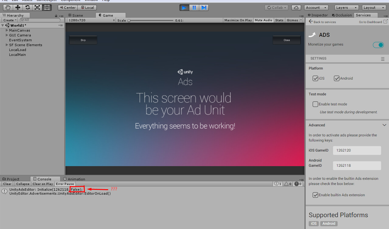 My UnityAdsEditor:Initialize is not True. - Unity Services - Unity Discussions