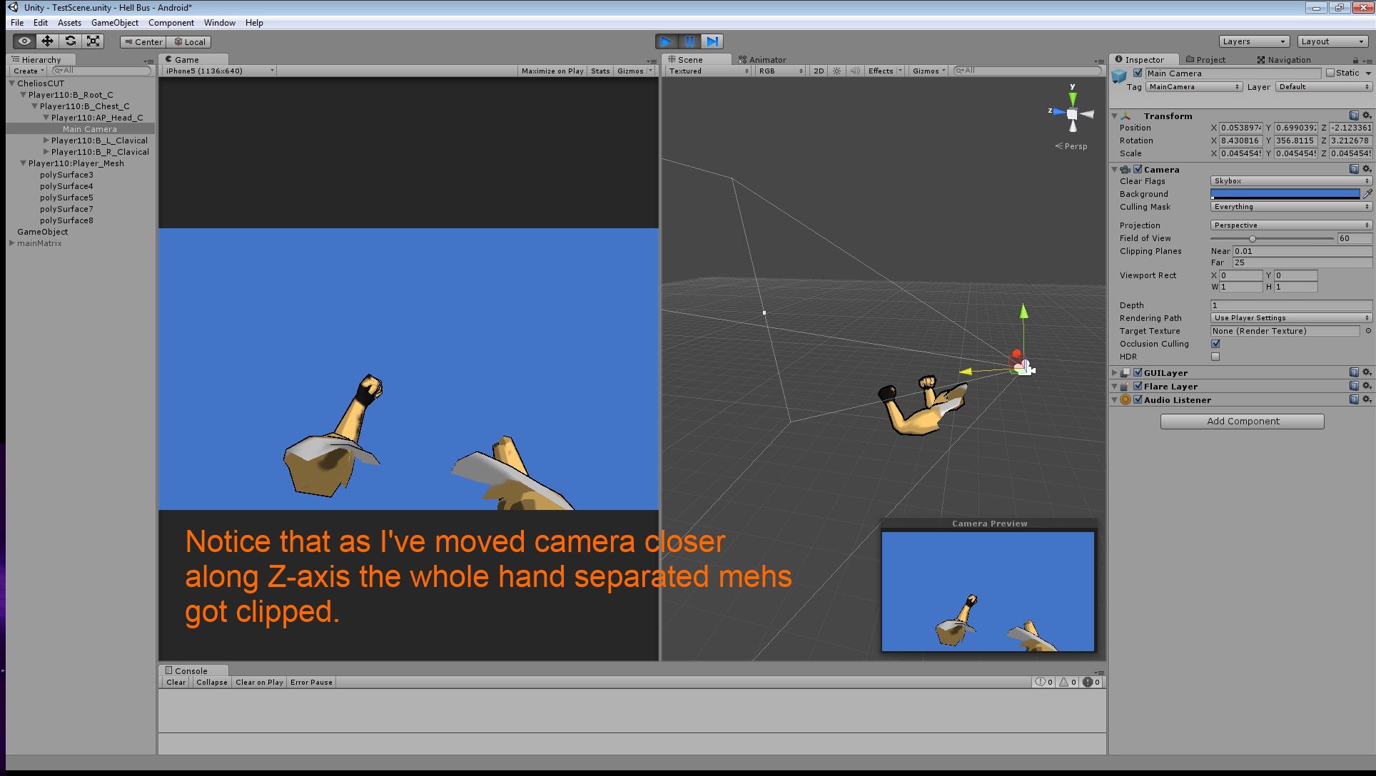 Camera clipping multimesh model from first person view while using Animator? - Questions ...