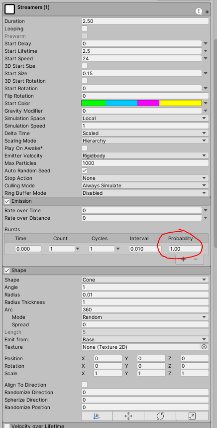 Particle system - emission probability is set to 1, still emission is random - Unity Engine ...