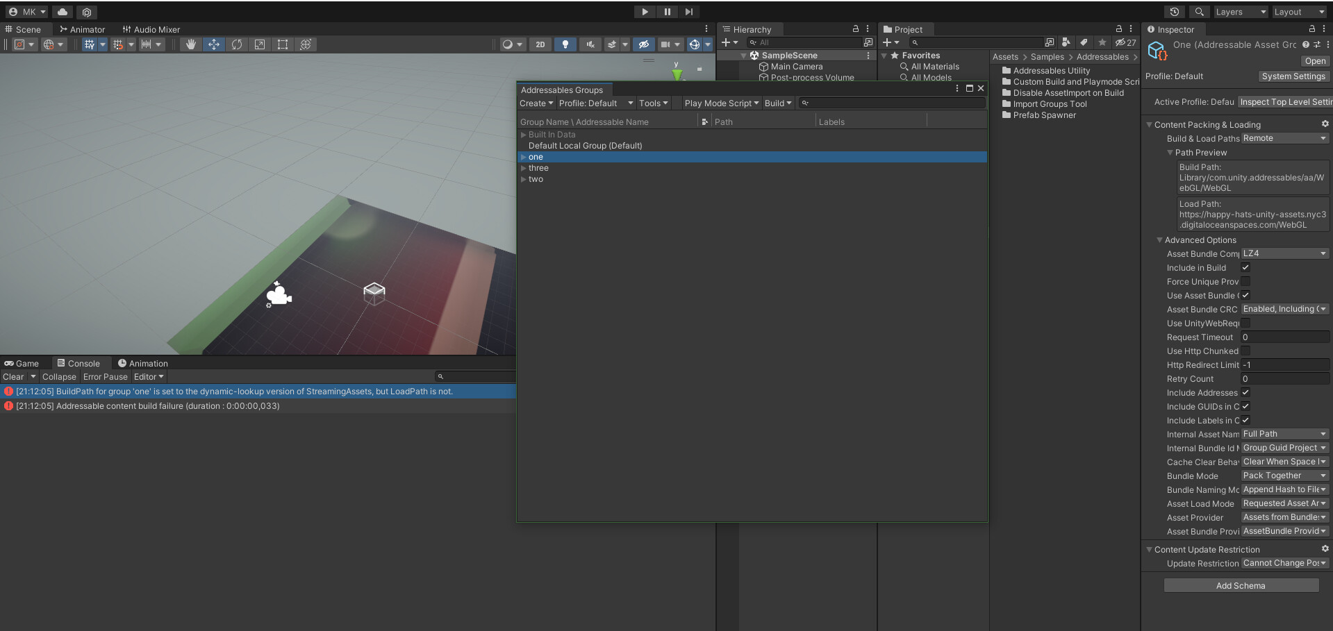 BuildPath for group is set to the dynamic-lookup version of StreamingAssets, but LoadPath is not ...
