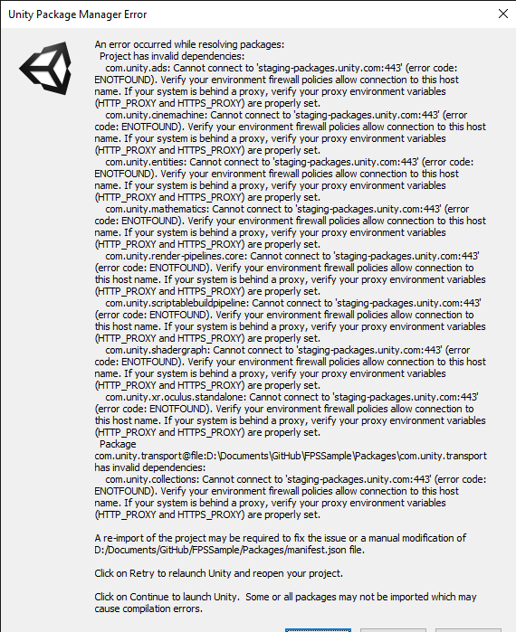 Error Appears Before Lauching Fps Sample Learn Content And Certification Unity Discussions 