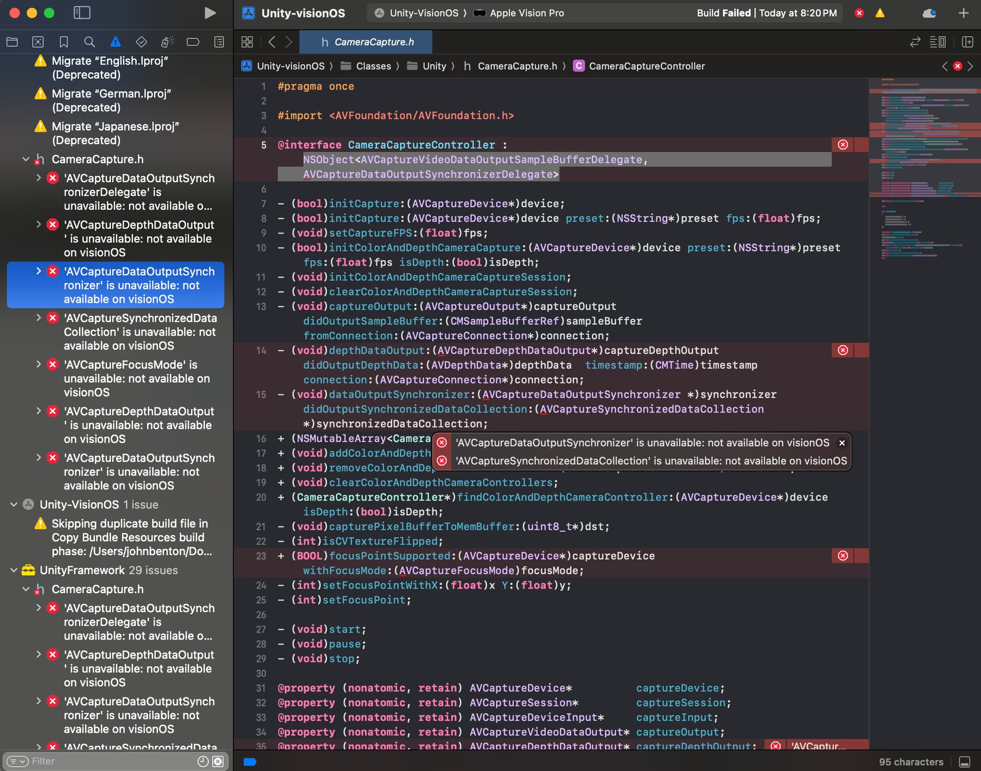 'AVCaptureDataOutputSynchronizerDelegate' is unavailable: not available on visionOS - Unity ...