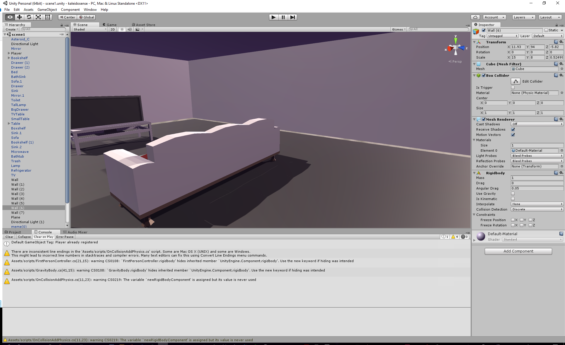 Script adds rigidbody but player can walk straight through the ...