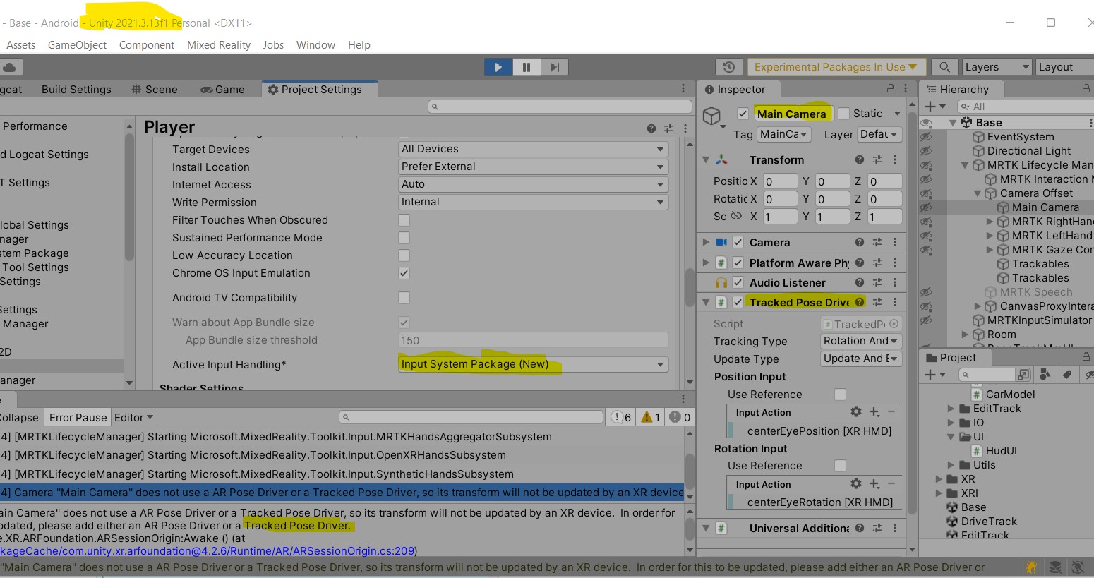 Camera "Main Camera" does not use a AR Pose Driver or a Tracked Pose ...