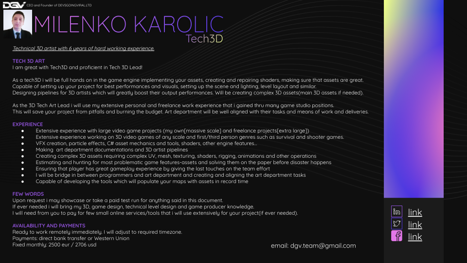 [For Hire] 3D Technical artist / Lead - Collaboration & Jobs - Unity ...