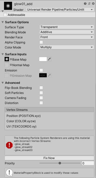 error "...Particle System Renderers are using this material with incorrect Vertex Streams ...