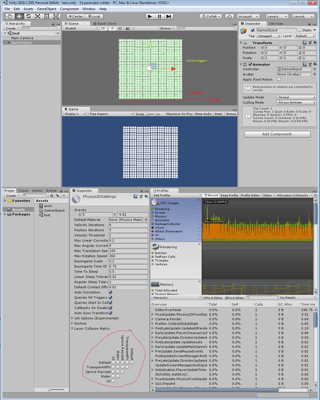 2D coliders or triggers are making huge overhead if they have animated ...