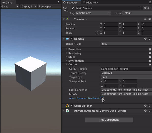 Camera set to "Allow Dynamic Resolution" renders strange colours in the Game view for URP ...