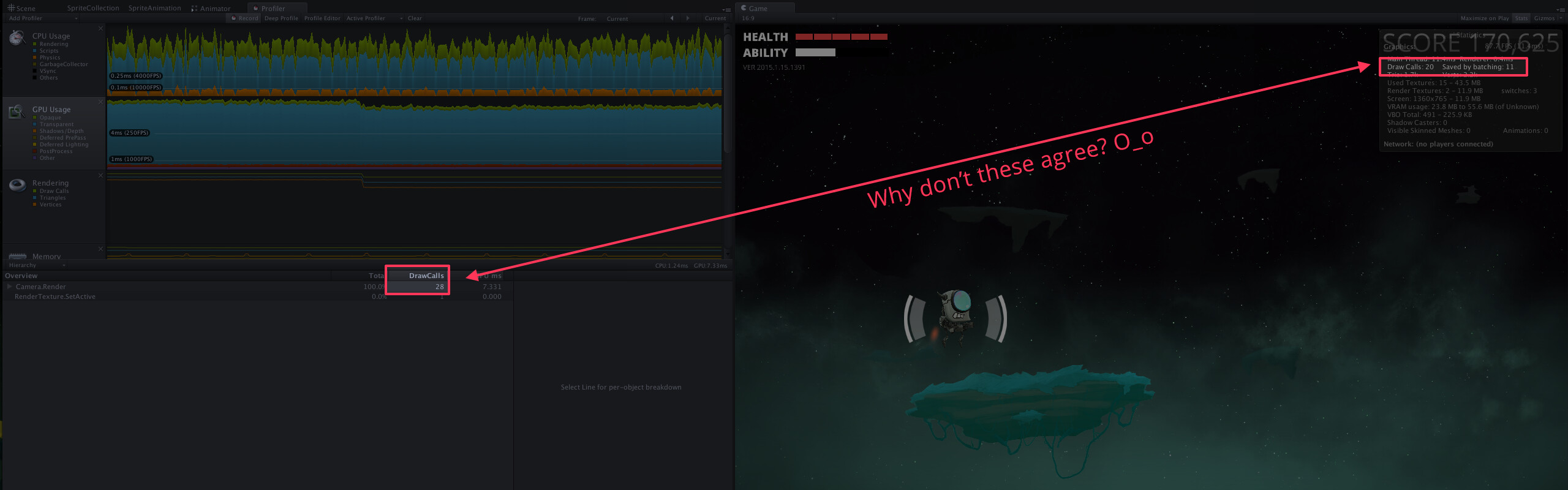 Why do the profiler and the stats window disagree about the draw call ...