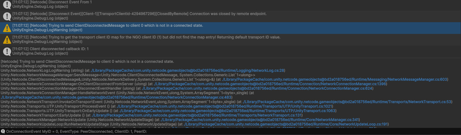 Warning when client disconnects: [Netcode] Trying to send ClientDisconnectedMessage to client 0 ...