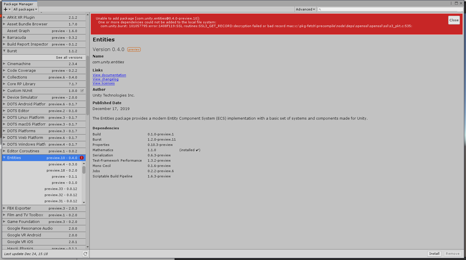 Can not install Entities 0.4.0 - Unity Engine - Unity Discussions