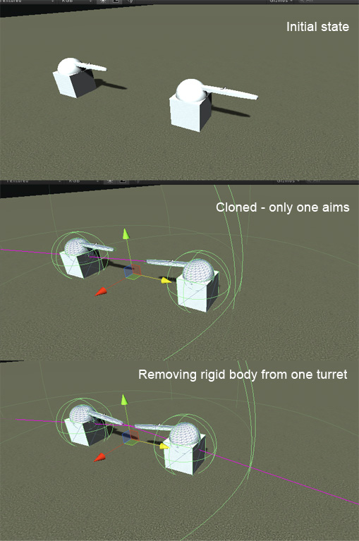 Two turrets with colliders (triggers) and rigidBody, fails calling OnTriggerEnter - Unity Engine ...