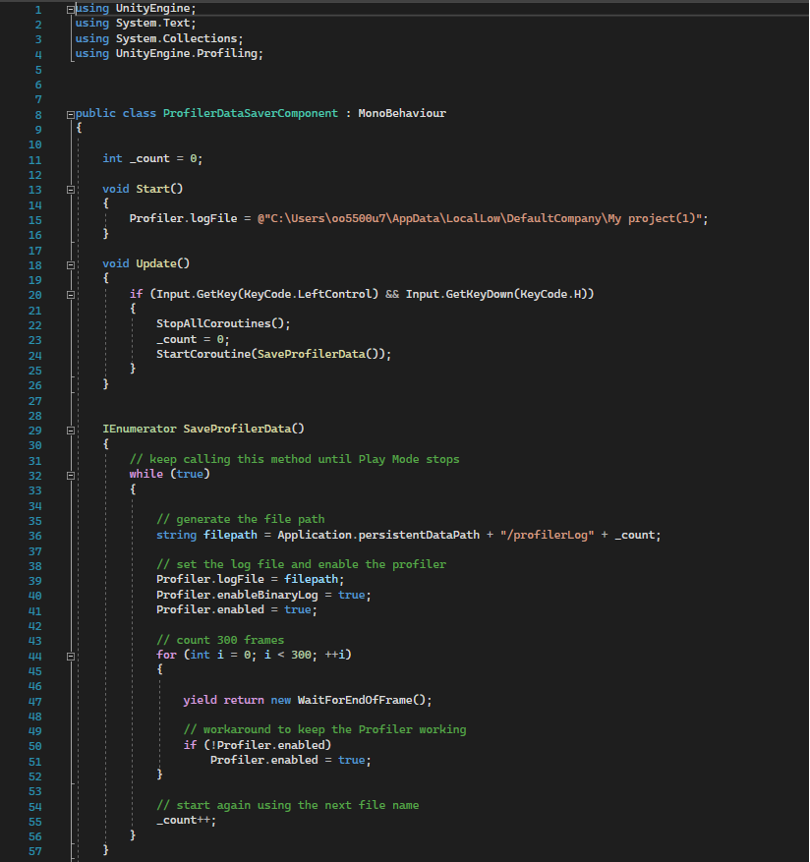 Unity Profiler log data read, write, export in a file, Profiler window not accessible through ...
