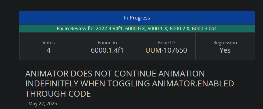 Animator fails to update renderers after setting the enabled state through code - Unity Engine ...
