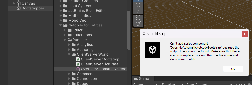 Can't add script component OverrideAutomaticNetcodeBootstrap [Netcode for Entities 1.3.6 ...