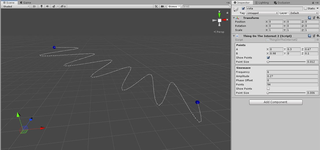 Drawing a sine function from point A to point B using Handles in Editor mode in 3D world space ...