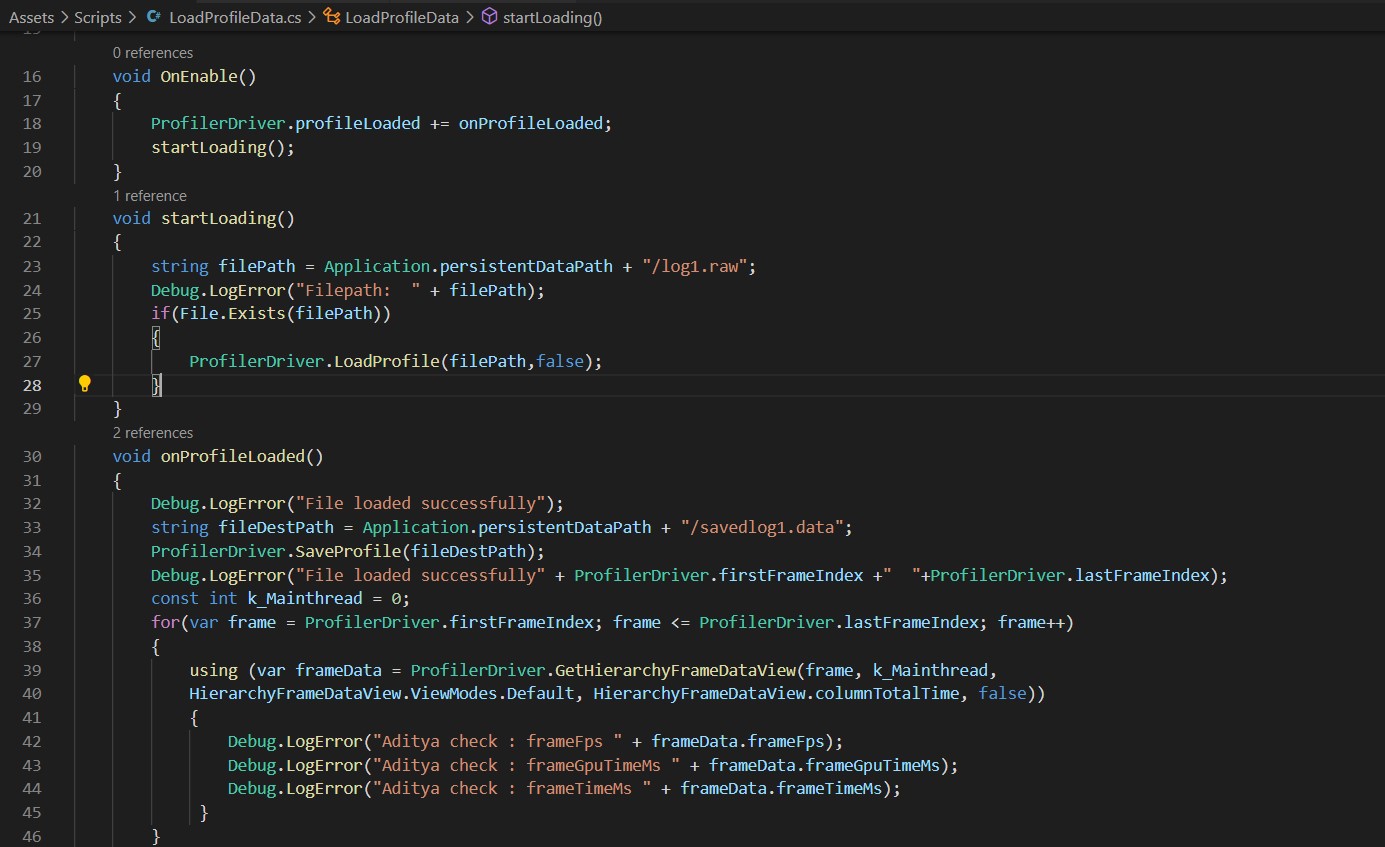 Unity Profiler log data read, write, export in a file, Profiler window not accessible through ...