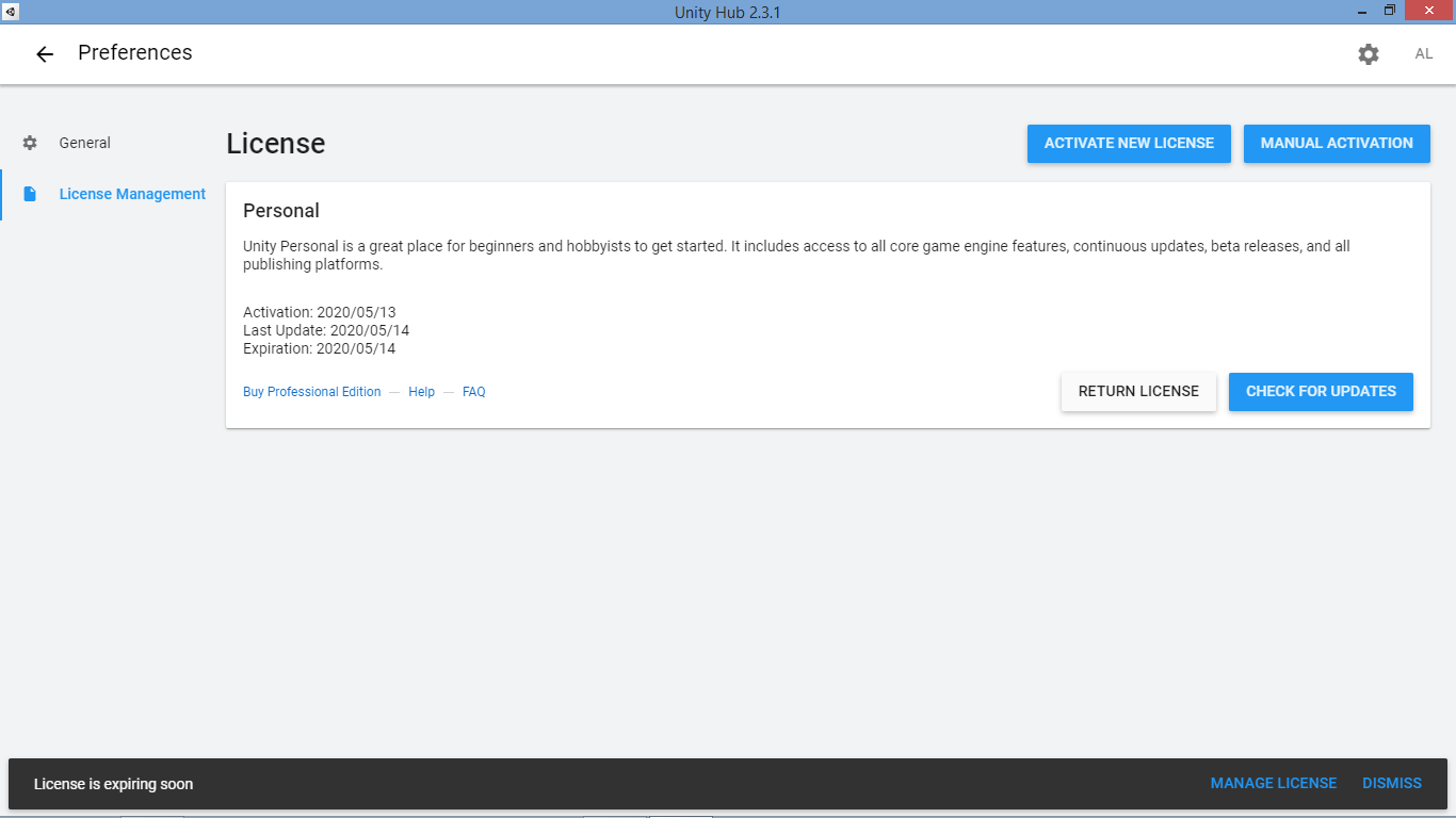 My personal license is expiring in one day - Unity Engine - Unity ...