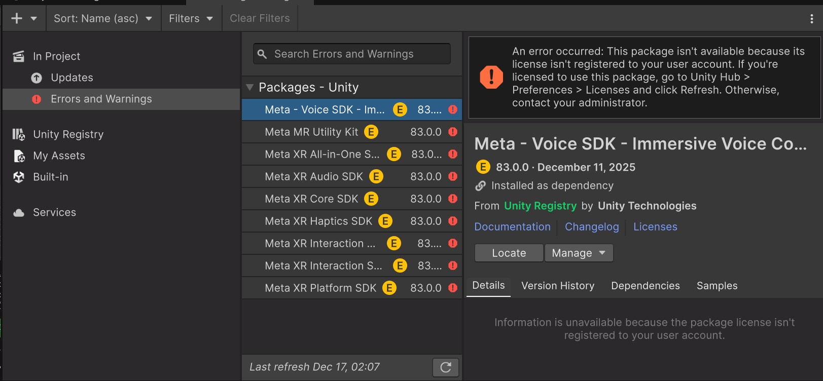 Meta XR All-in-One V83 Error License - Unity Engine - Unity Discussions
