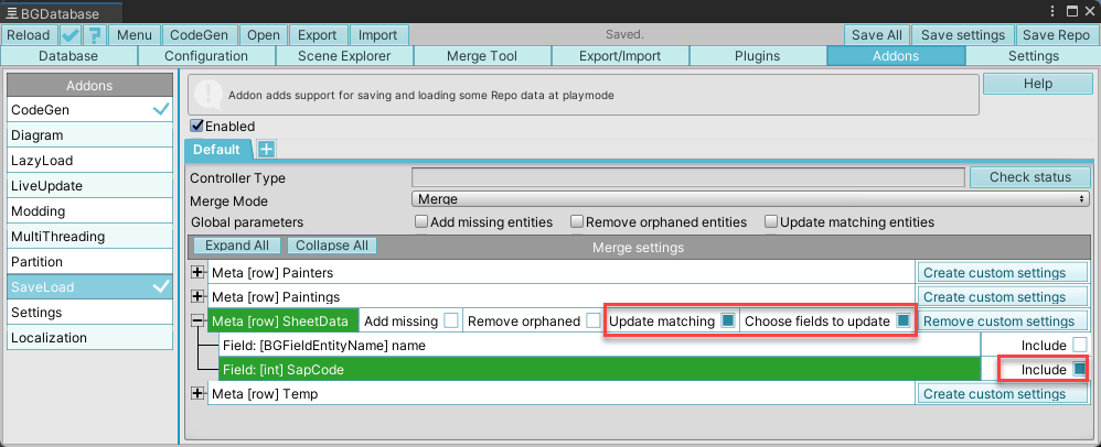 BG Database (inMemory database | Excel/Google Sheets syncing | CodeGen | Save/Load support ...