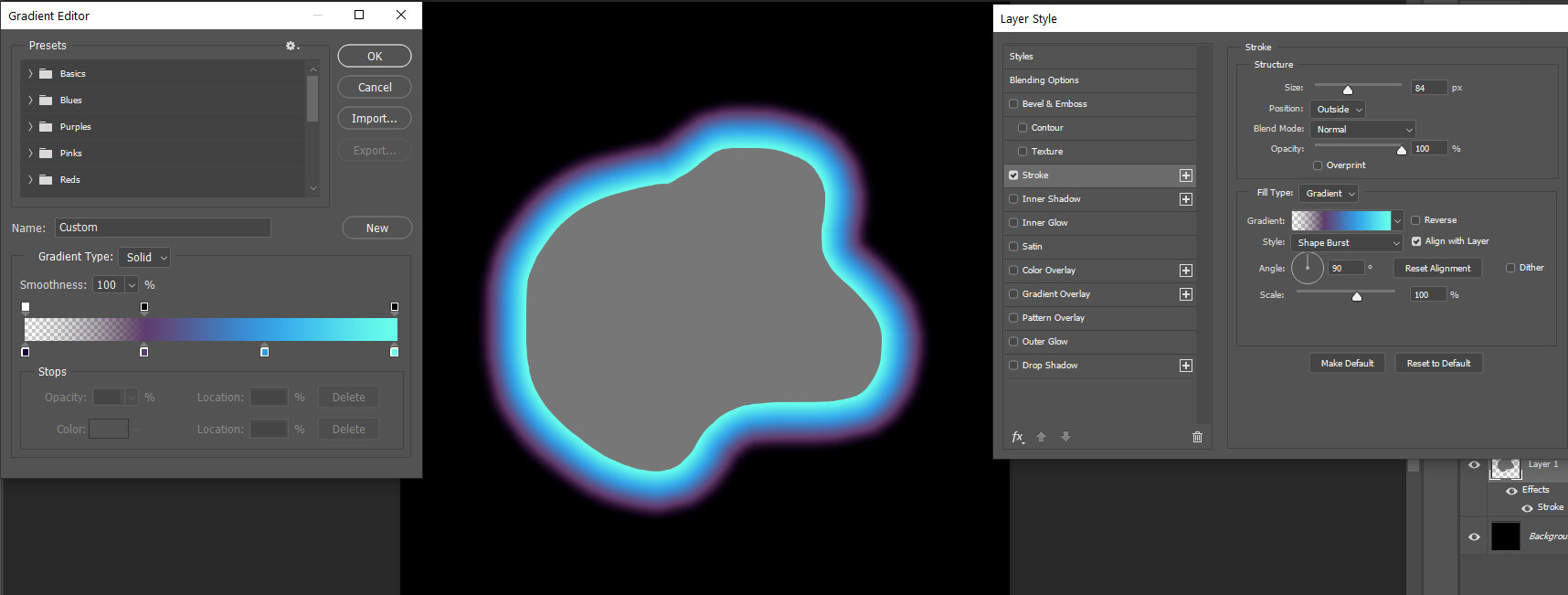Can this type of effect realistically be achieved with a shader? (shape burst gradient outline ...