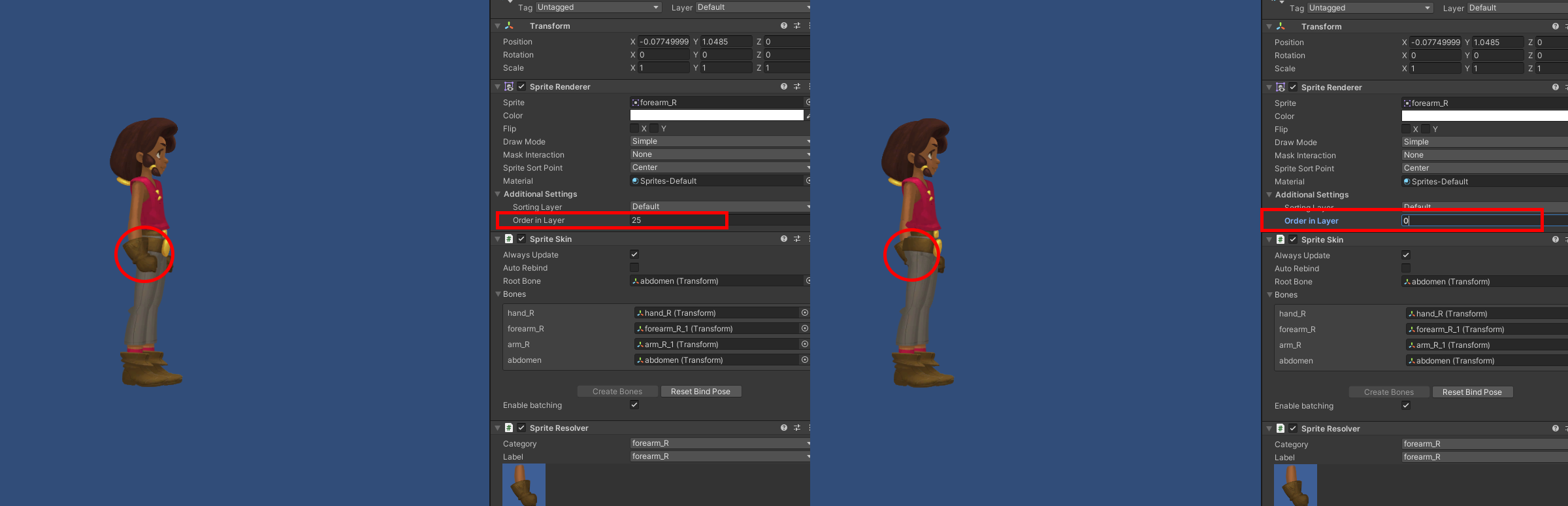 2d Skeletal Animation: change bone depth during animation? - Unity ...