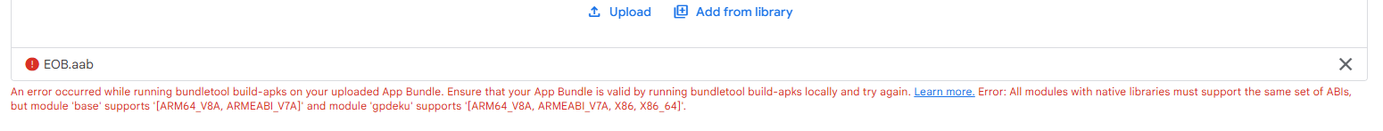 Error: All modules with native libraries must support the same set of ...