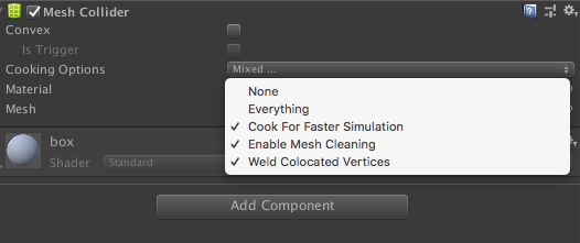 (Case 1106264) Changing anything in mesh collider Cooking Options makes mesh require to be ...