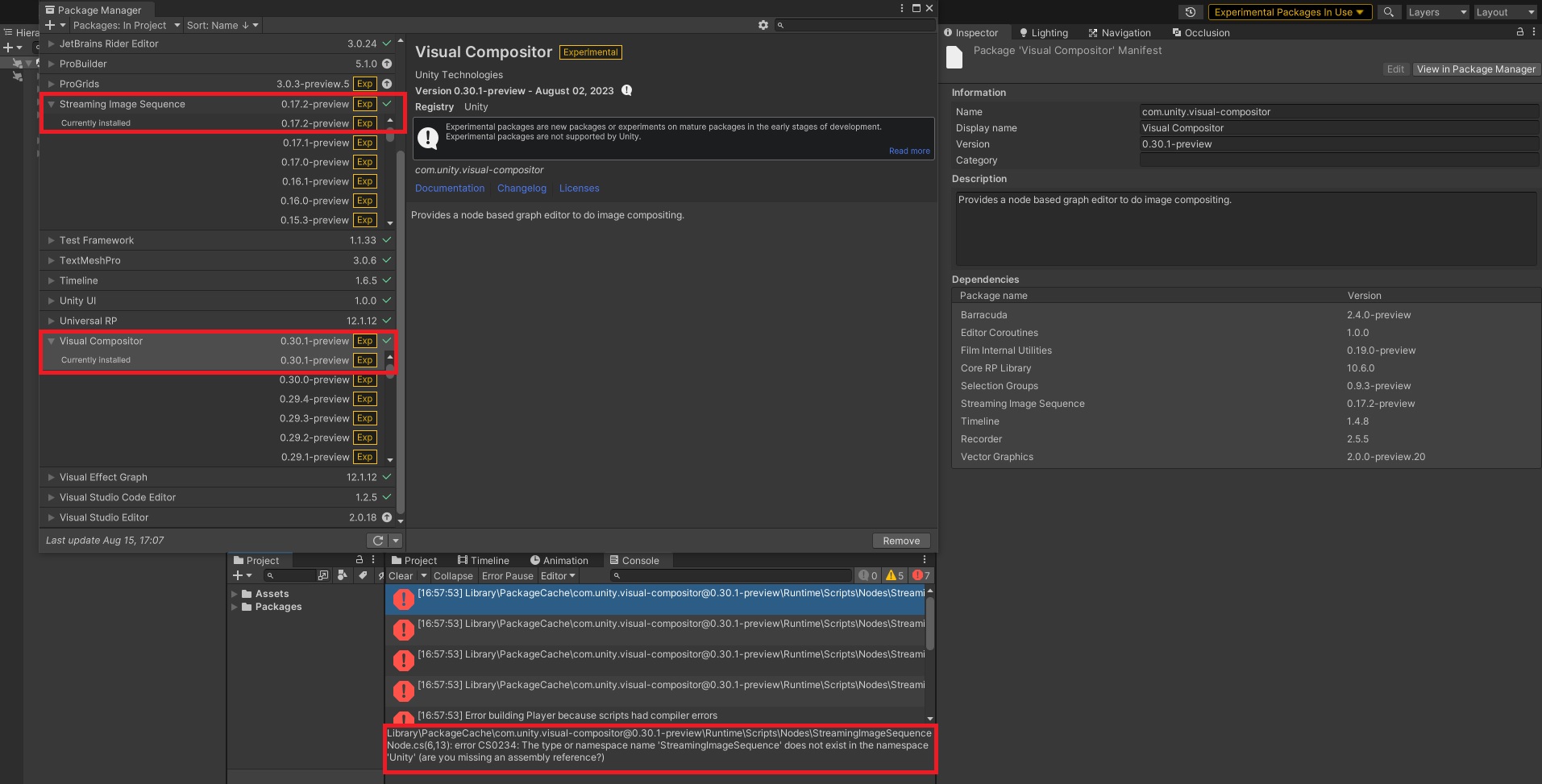(Visual compositor) Unity asking for 'StreamingImageSequence' but it is already installed ...