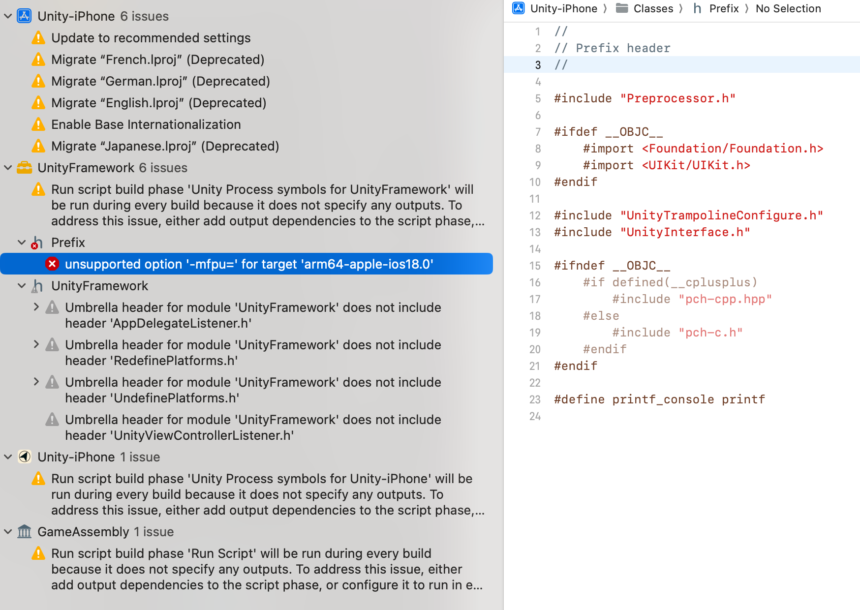 Unity 6 Xcode Generated Project unsupported option '-mfpu=' for target 'arm64-apple-ios18.0 ...