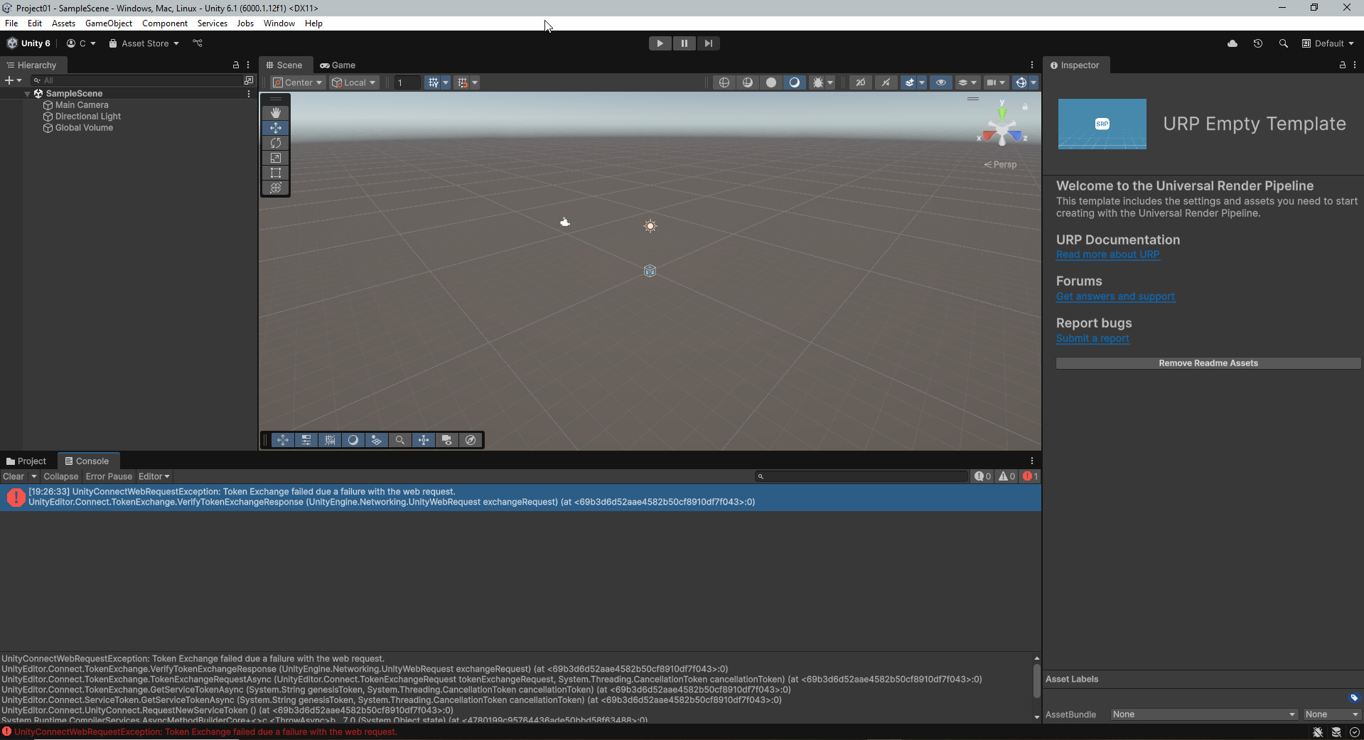 UnityConnectWebRequestException: Token Exchange failed due a failure with the web request ...