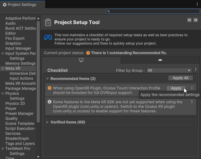 "When using OpenXR Plugin, Oculus Touch Integration Profile should be included for full OVRInput ...
