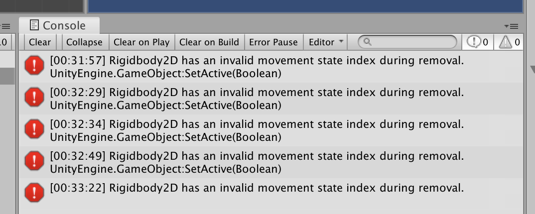 Rigidbody2D has an invalid movement state index during remova (Unity 2019.1.0) - Unity Engine ...