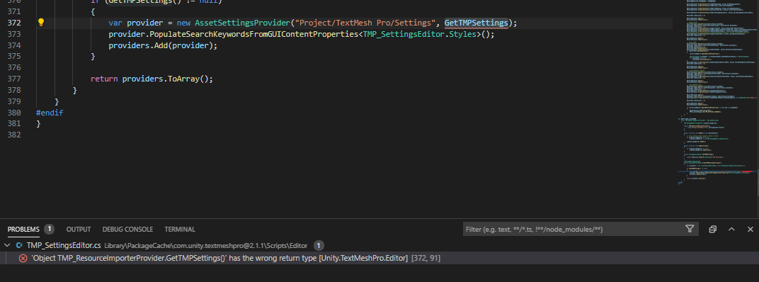 "object TMP_ResourceImporterProvider.GetTMPSettings() has the wrong return type" in vs code ...