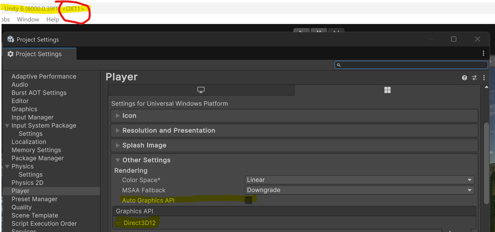 Unity 6000.0.39f1 - Graphics API set to Direct3D12 but editor displays ...