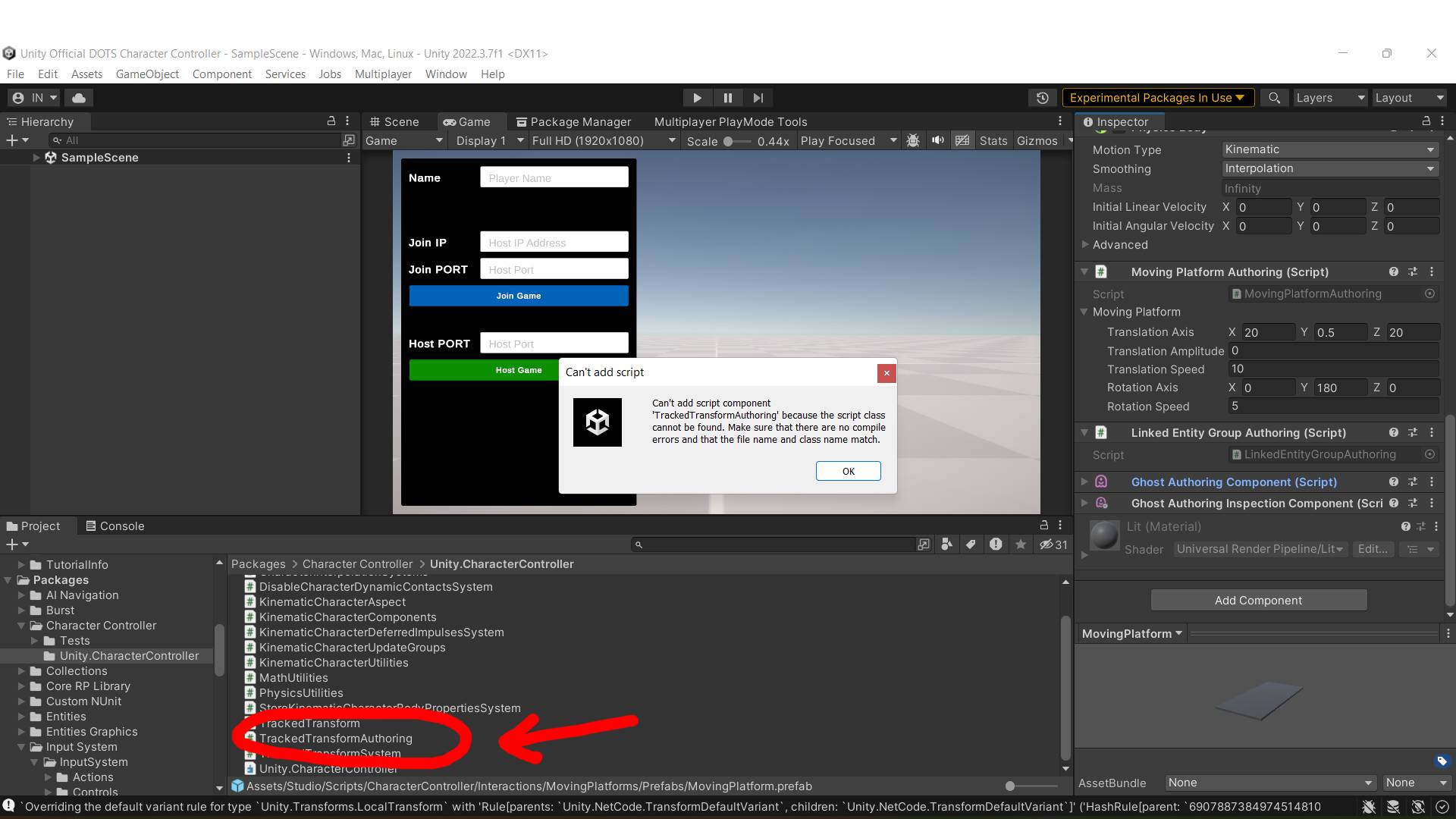 Can't add TrackedTransformAuthoring to MovingPlatform prefab - Unity Engine - Unity Discussions