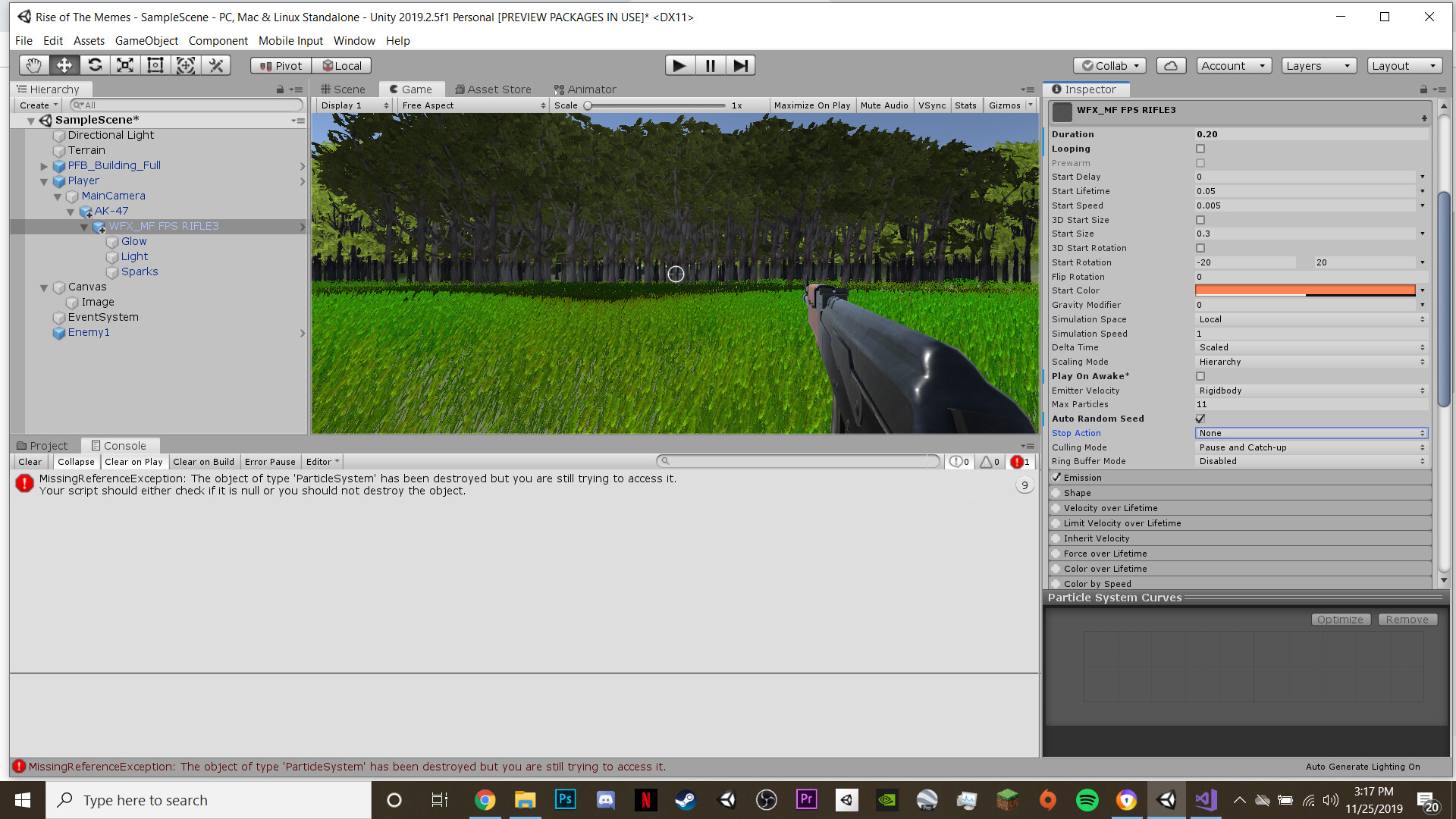 Whenever I set my rifle to shoot, the particle effects are destroyed - Unity Engine - Unity ...