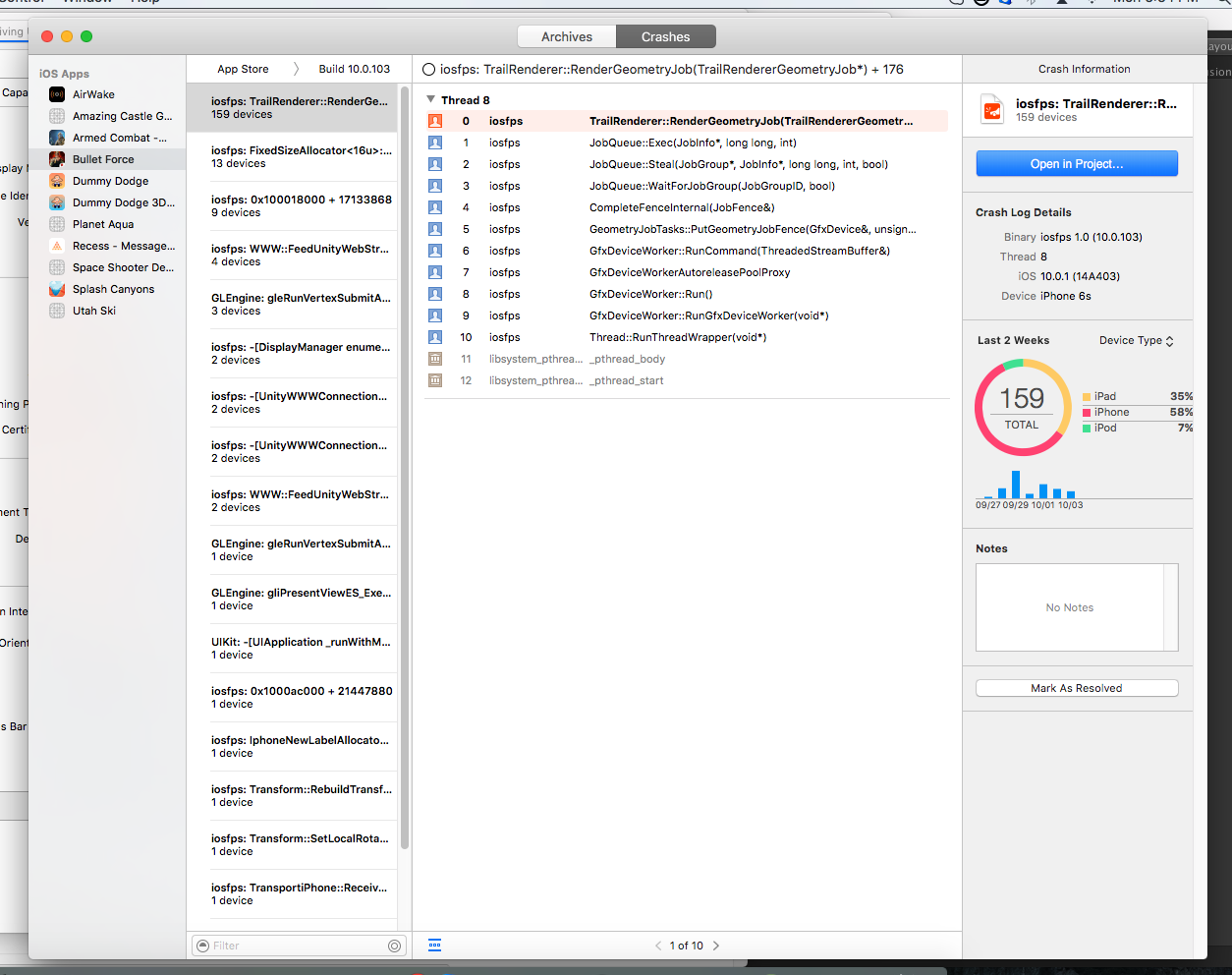 Tons of crashes on iOS for "TrailRenderer::RenderGeometryJob" - Unity Engine - Unity Discussions