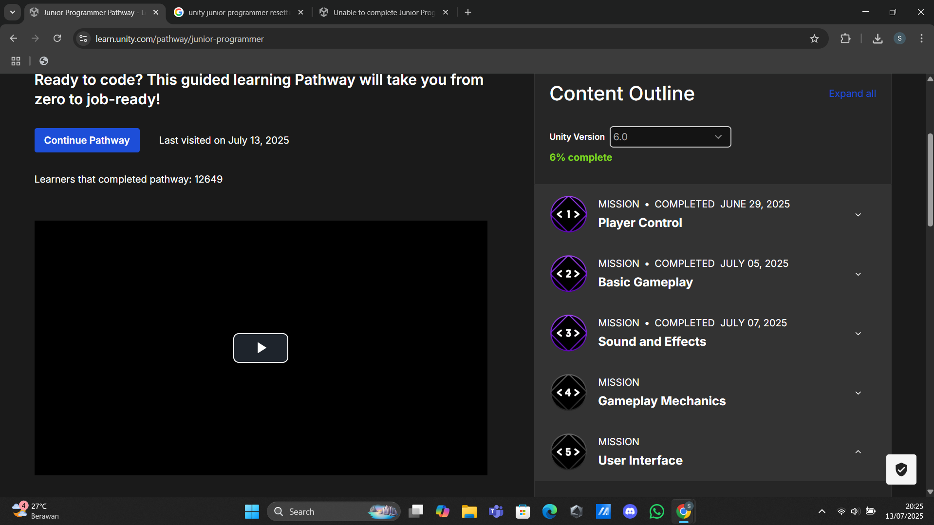 Unable to complete Junior Programming Course due to lost progress - Learn Content - Unity ...